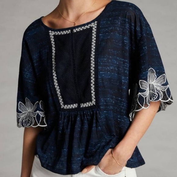 Pilcro | Tops | Anthropologie Pilcro Blue Marled Floral Embroidery Boxy ...